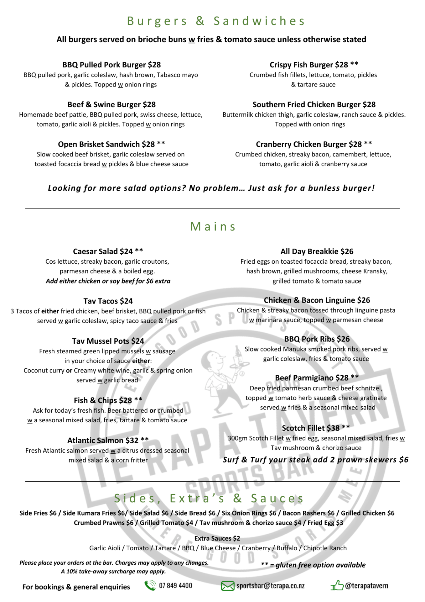 All Menus – Te Rapa Tavern Sports Bar
