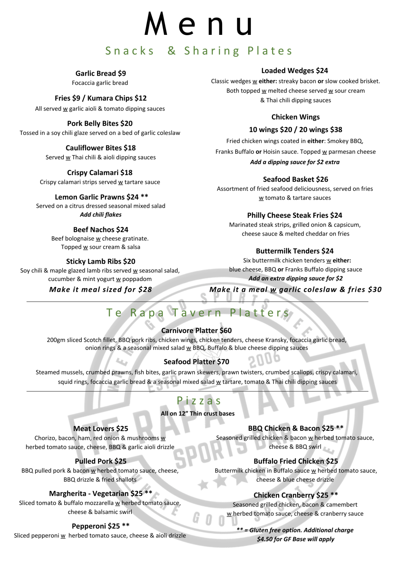 All Menus – Te Rapa Tavern Sports Bar