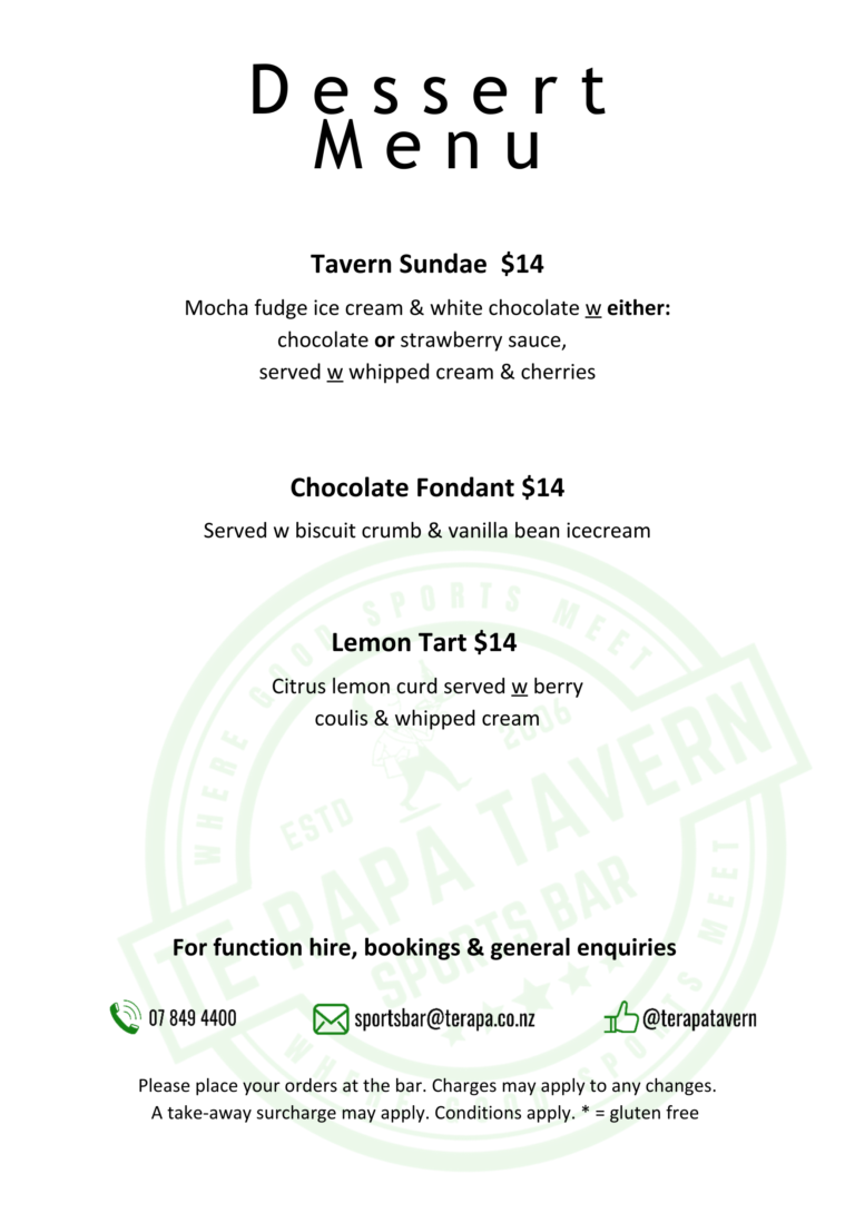 All Menus – Te Rapa Tavern Sports Bar
