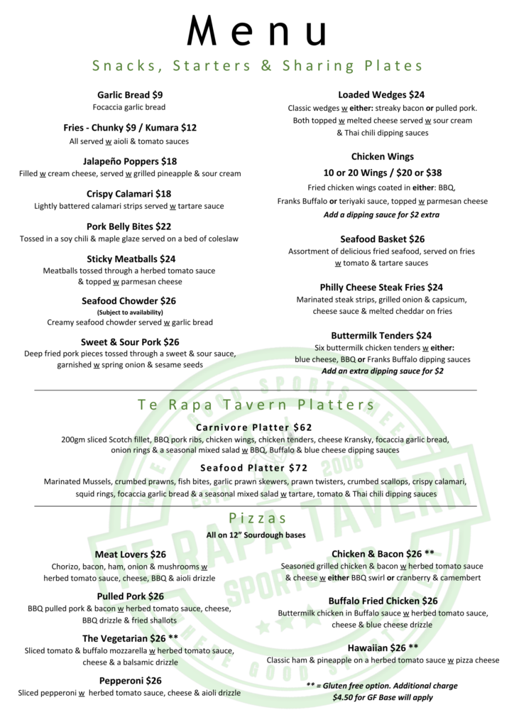 All Menus – Te Rapa Tavern Sports Bar