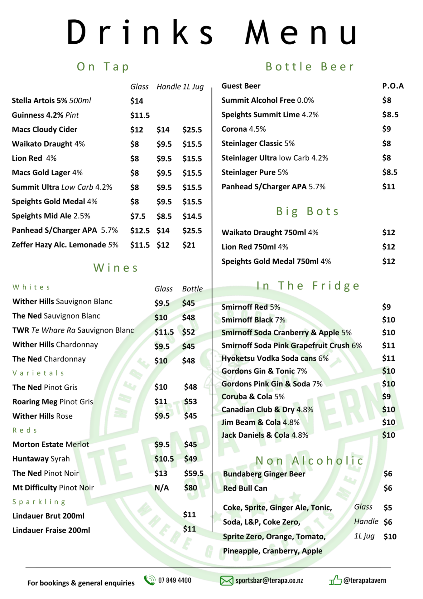 All Menus – Te Rapa Tavern Sports Bar