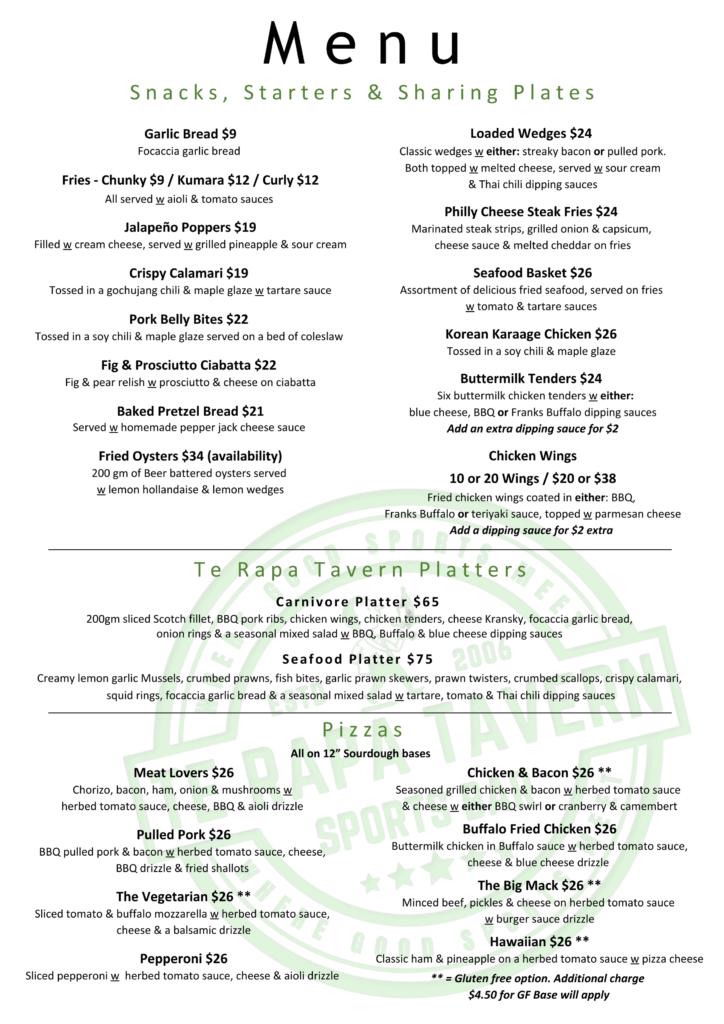 All Menus – Te Rapa Tavern Sports Bar