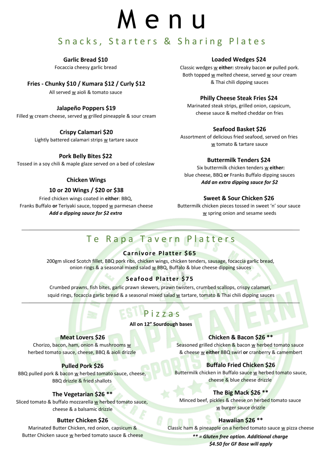All Menus – Te Rapa Tavern Sports Bar